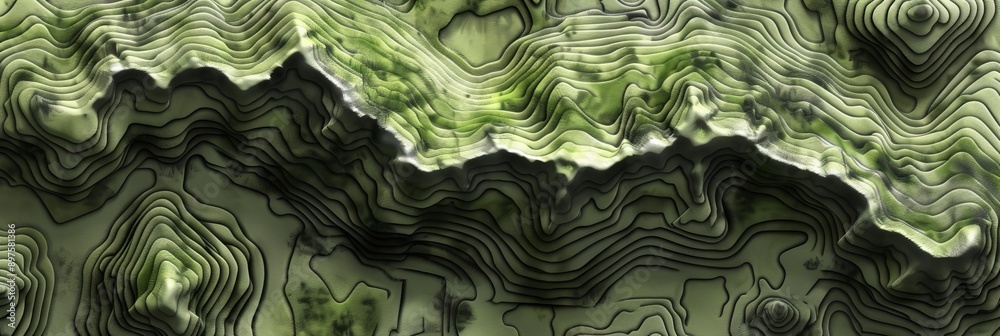 This image depicts a stylized topographic map, showcasing the contours ...