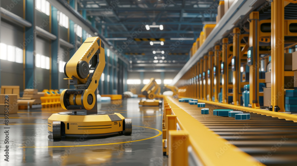 Illustrate a futuristic warehouse with robotic arms, automated guided vehicles , and conveyor ...