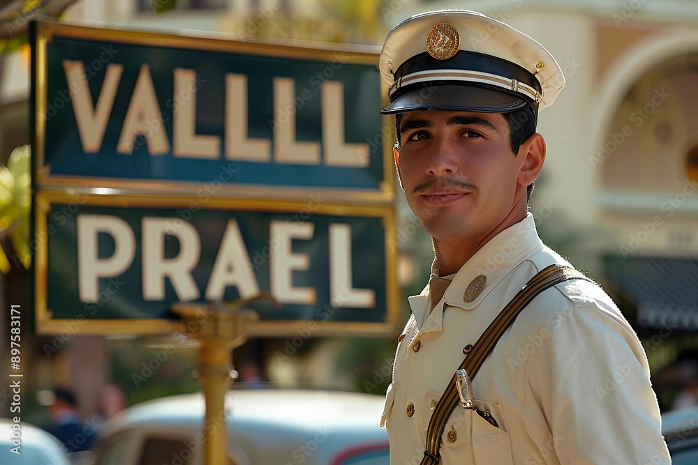 Beautiful male valet standing proudly near valet parking sign at the ...