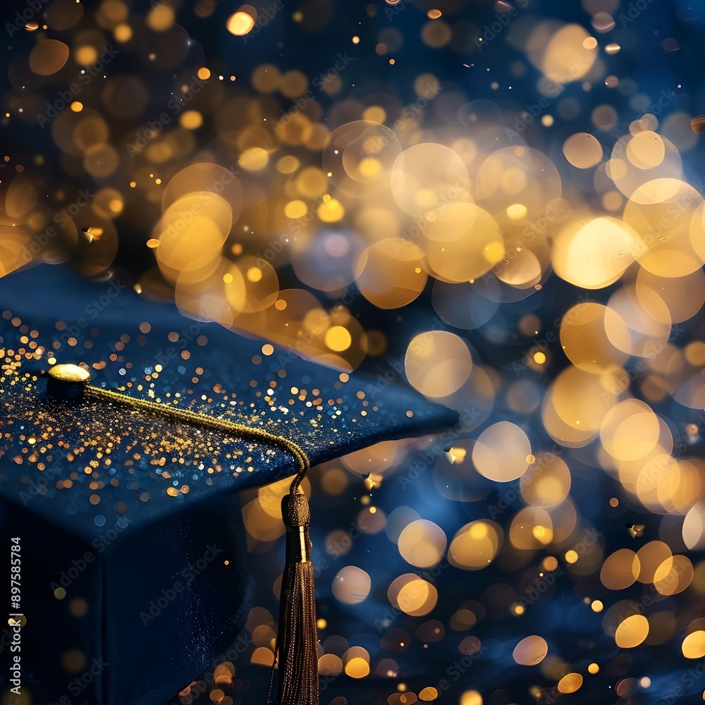 Graduation Celebration Background with Dark Blue and Gold Blur Bokeh ...