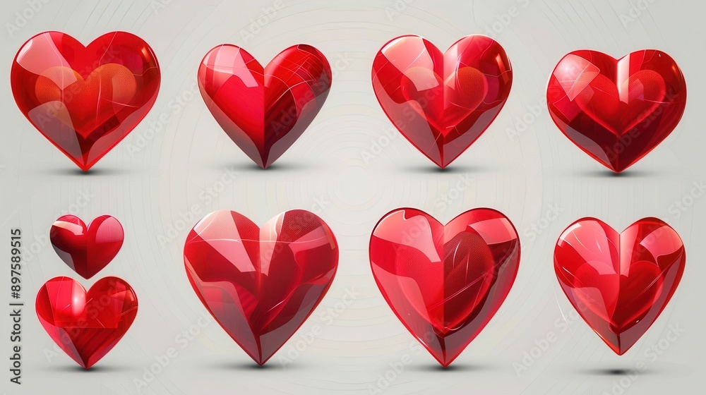 A collection of eight red heart illustrations, each with unique styles ...