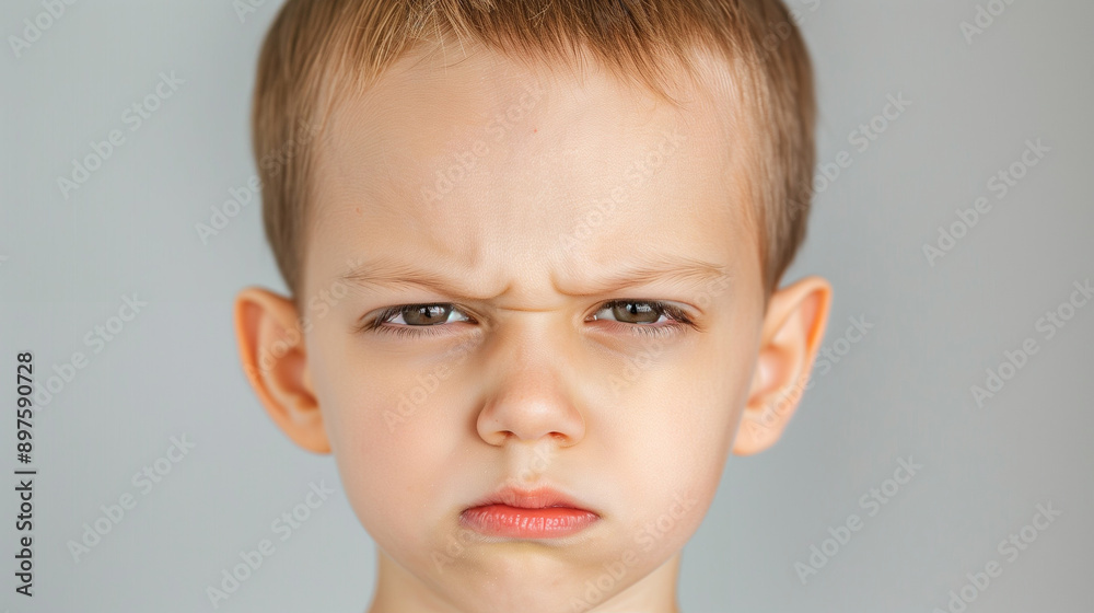 Angry boy showing emotional expression. Frustrated child with a frown ...
