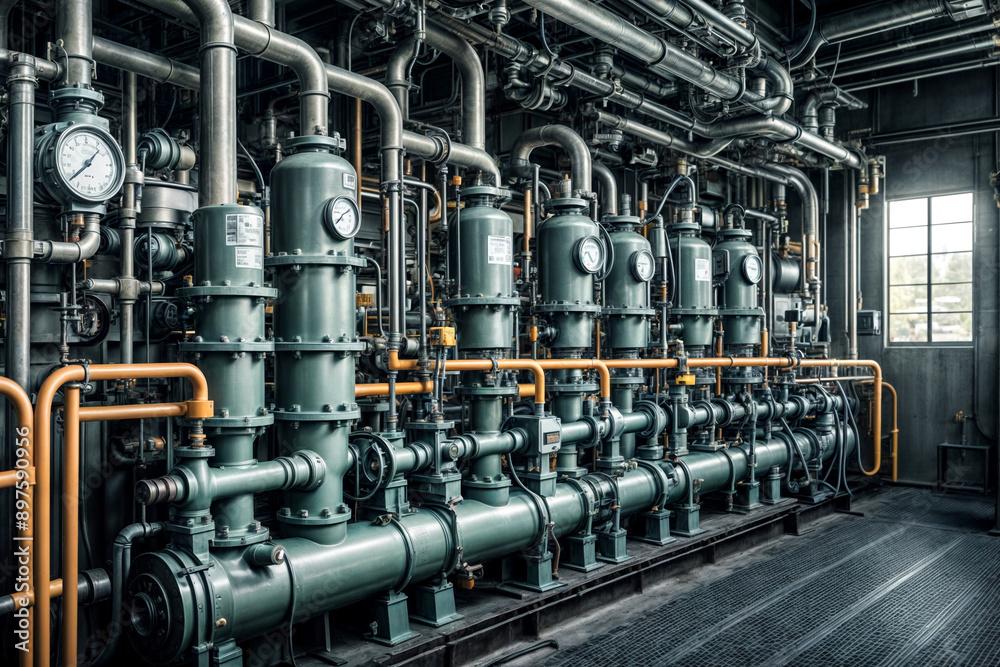 Engine room, industrial technical room interior of water pumps, valves ...