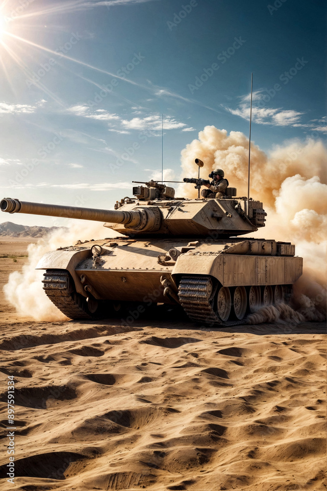Military battle tank attacking and shooting in desert, tanks opening ...