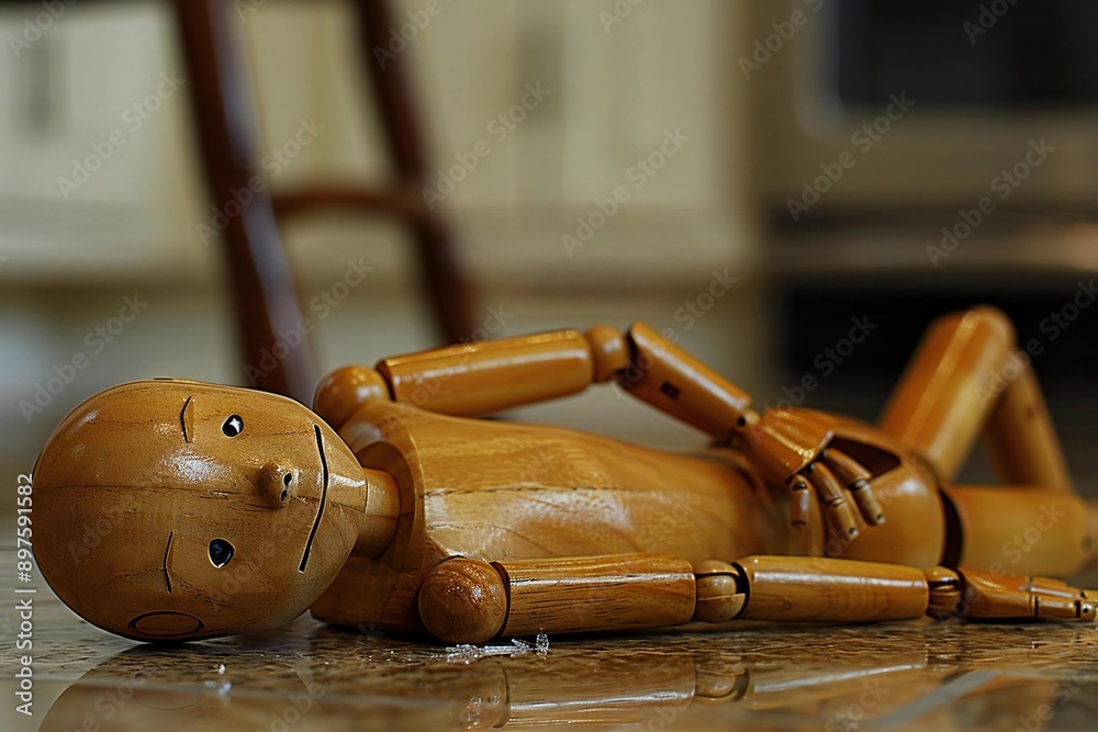 Beautiful wooden figure lying gracefully on the floor after falling ...