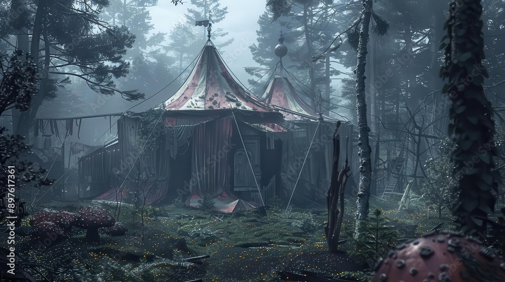 abandoned steampunk circus tent in a misty forest clearing with rusted ...