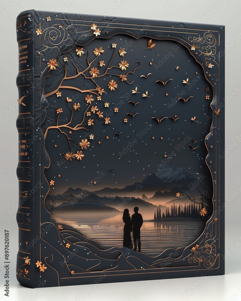 3D model of a sleek book cover with modern romance themes and space for ...