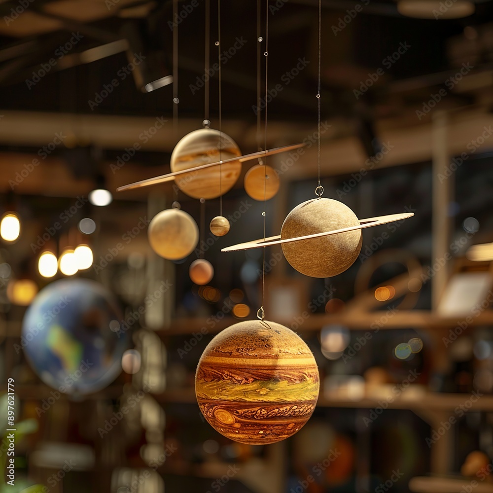 handmade model of the solar system hanging from the ceiling, magical ...