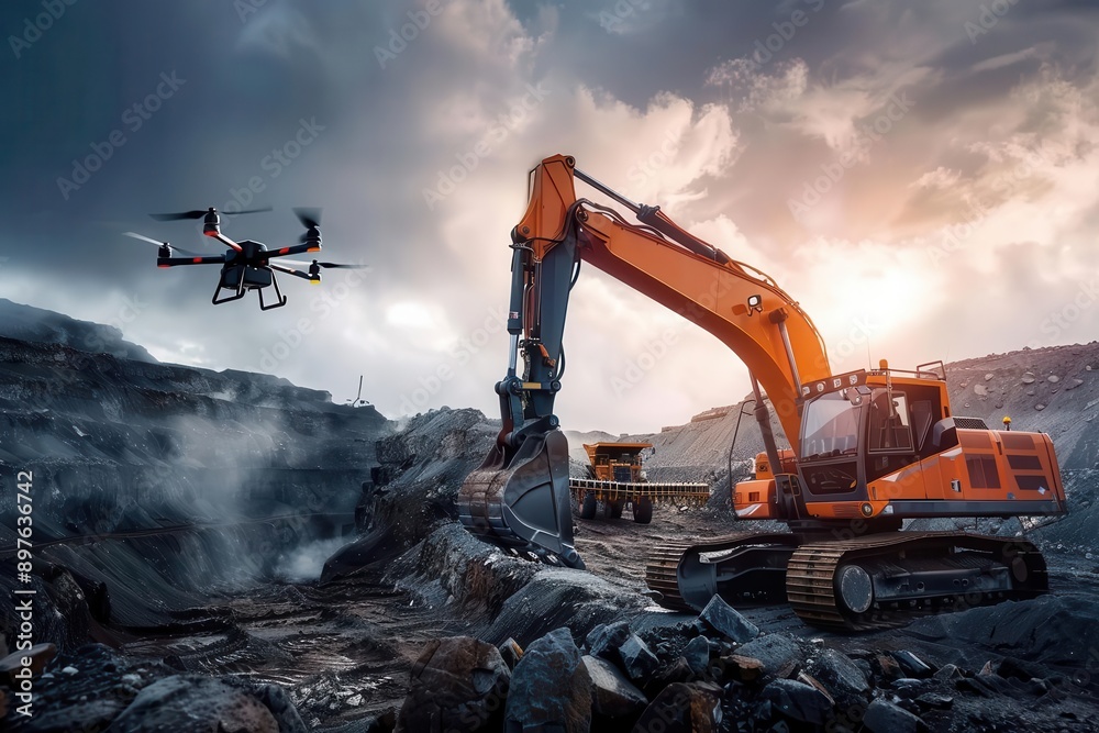 futuristic mining operation under dramatic sky autonomous excavators ...