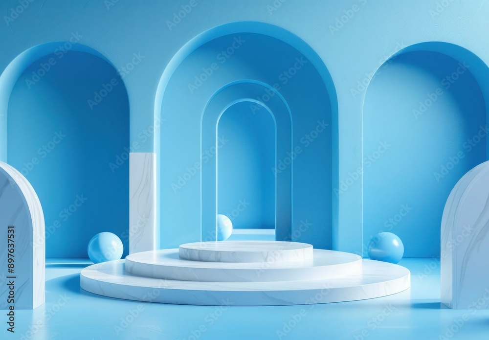 Minimalistic 3d Rendering Of Blue Geometric Shapes And Podiums For Product Presentation 3d