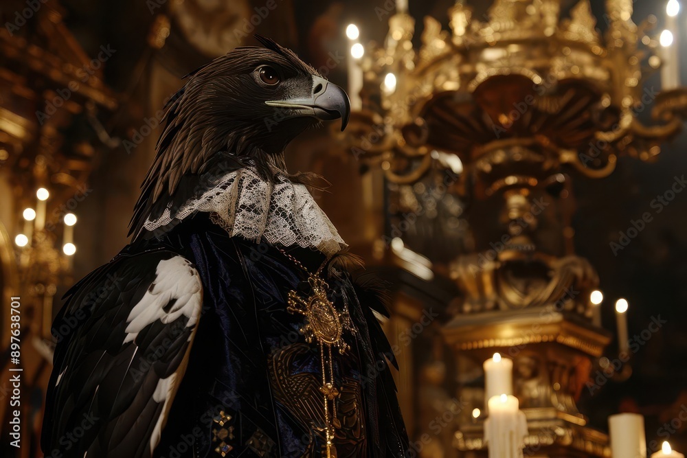 a majestic anthropomorphic eagle dressed in a traditional black and ...