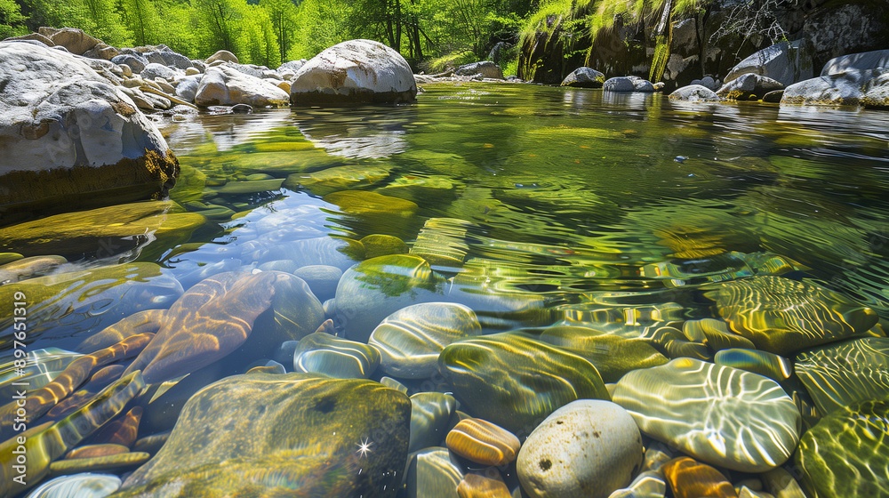 vibrant forest ecosystem with diverse wildlife, clear river, sunlight ...
