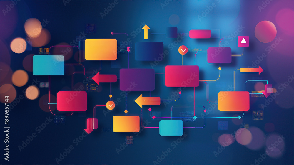 Abstract flowchart design with colorful shapes and arrows representing ...