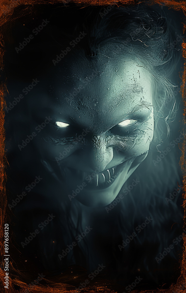 the focus on the head and face of an obsessive spirit smiling subtly in ...