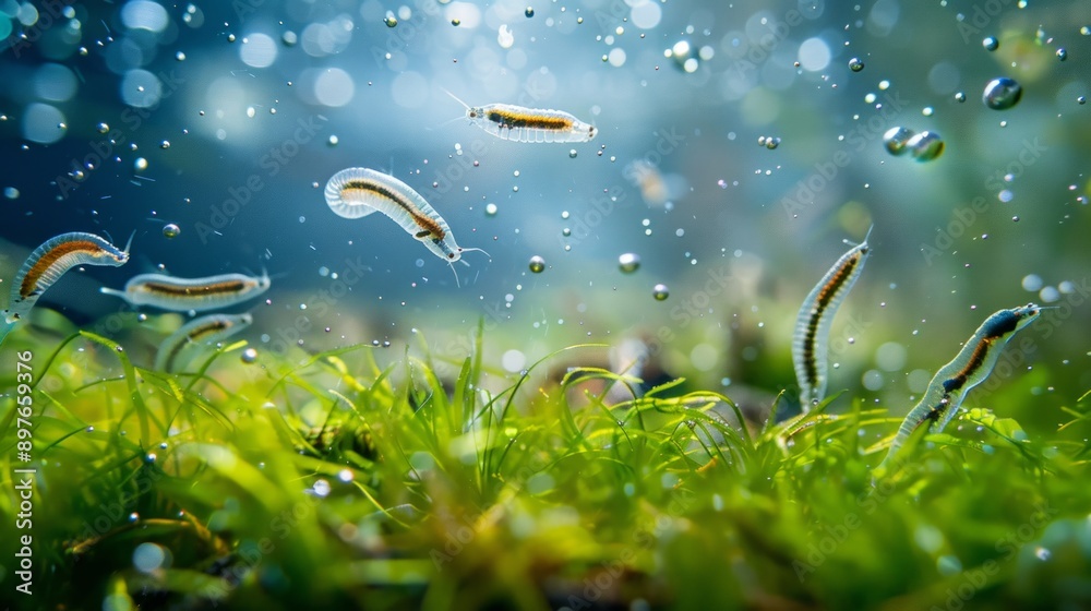 Mosquito larvae swimming and wriggling in water by the lush green grass ...
