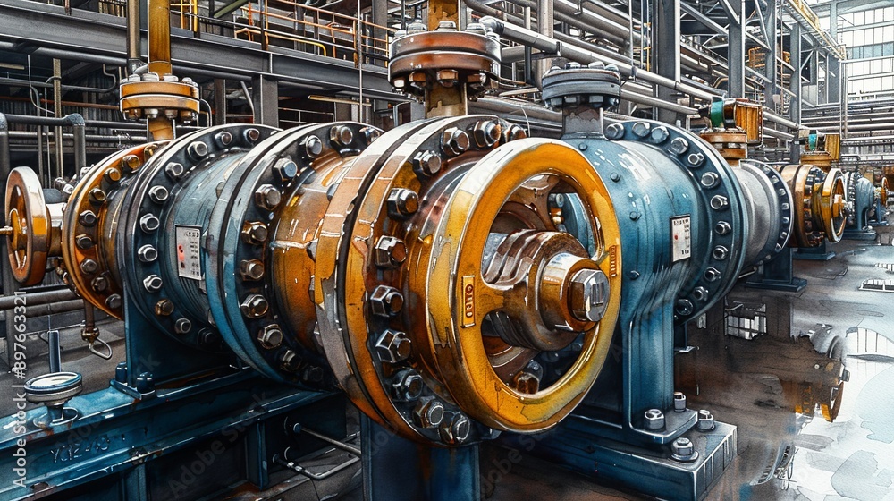 Detailed portrayal of industrial valves in a refinery, highlighting the ...