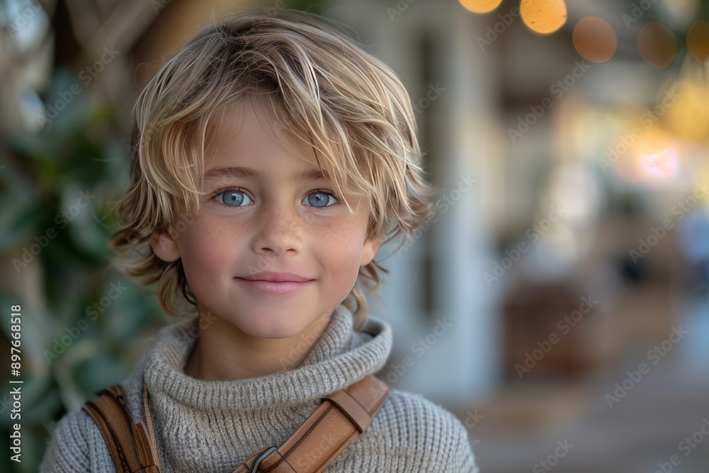 A handsome 10-year-old boy walks outdoors with a camera in his hand to ...