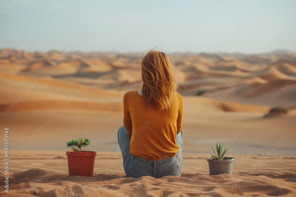 Woman sitting in desert with small potted plants, representing climate ...