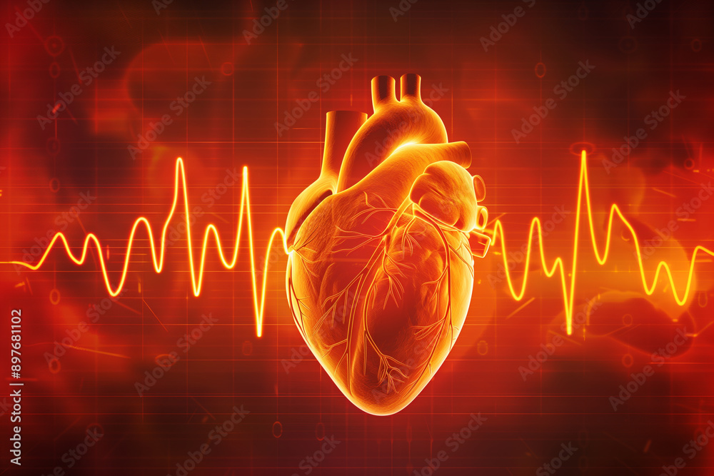 Detailed illustration of a human heart organ with a pulse line on an ...