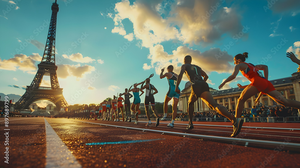 Track and Field Relay with Paris Landmarks: Athletes in a relay race ...