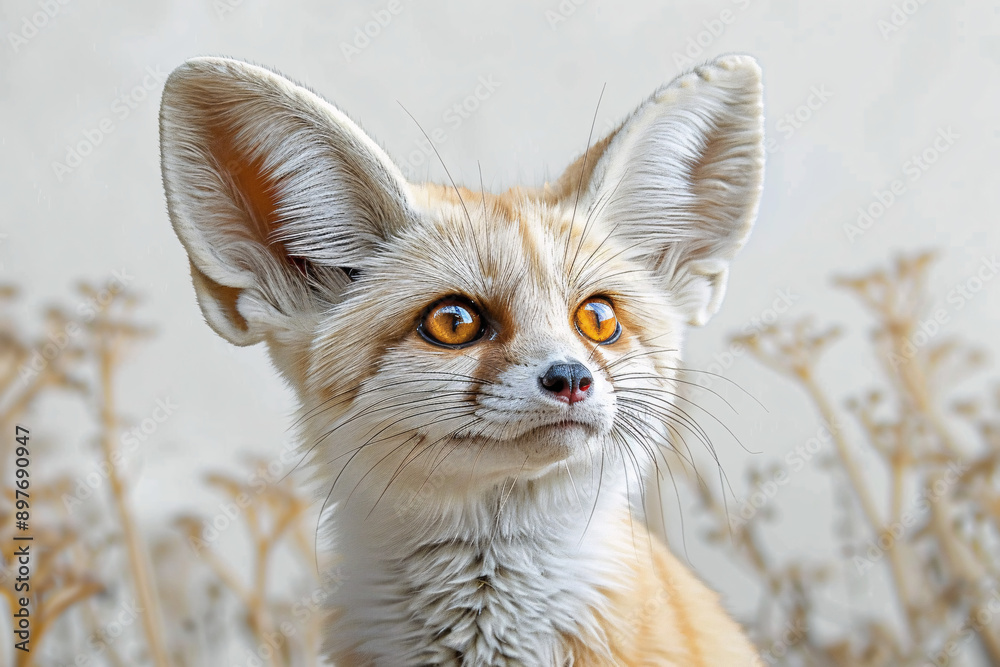 Close-up portrait of a fennec fox with large ears and amber eyes, a ...