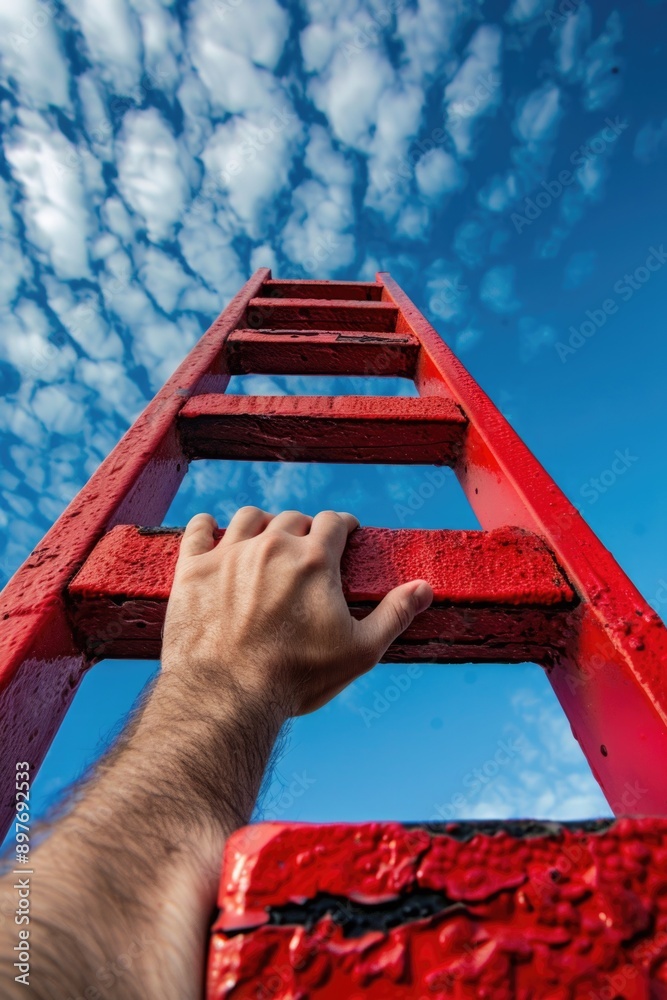 Hands holding a red ladder reaching to the blue sky above with white ...