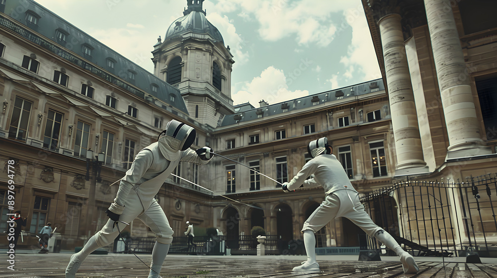 Fencing Bout with Historic Paris Architecture: A fencing bout taking ...