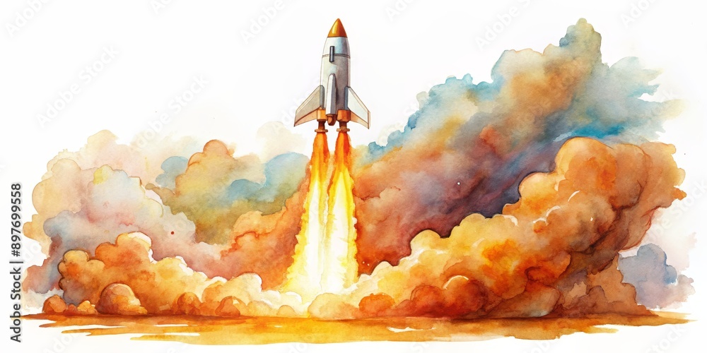 Watercolor Rocket Launch Illustration A watercolor painting of a rocket ...