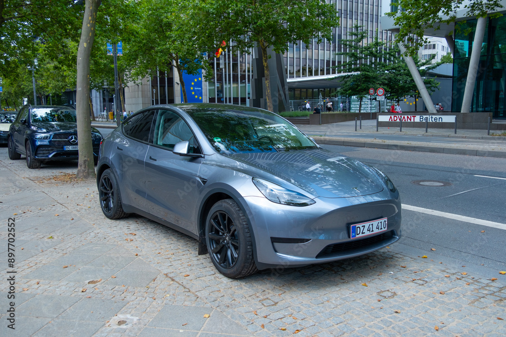 silver Tesla Model Y on street, Elon Musk Tesla motor company, supercar ...