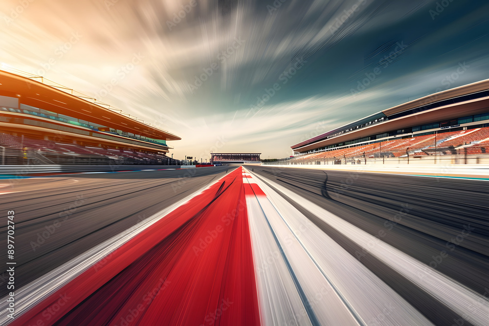 An F1 race track circuit road, depicted with motion blur, features a ...