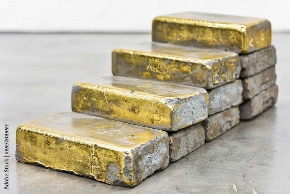 A stack of gold bars sits on a concrete surface, forming a stairway ...