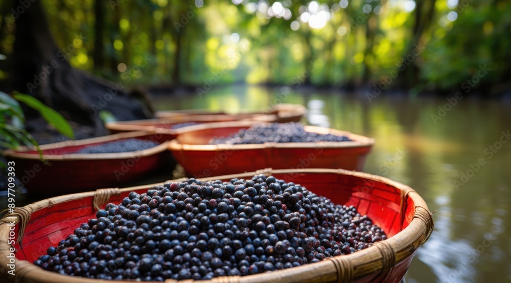Fresh acai berries fruit in straw baskets in red boat and forest trees ...