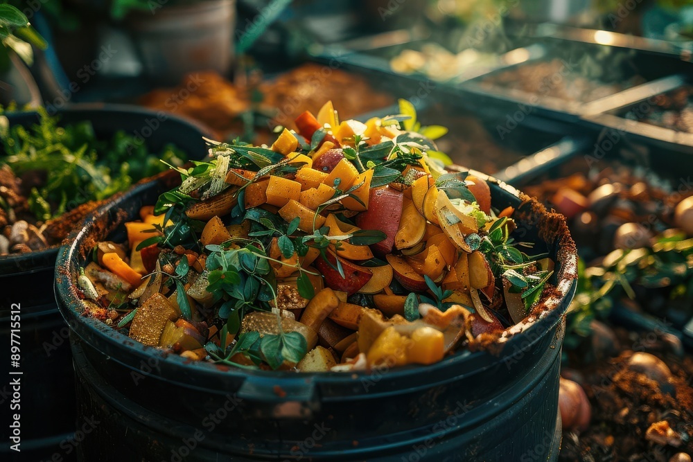 Vibrant compost heap overflowing with colorful vegetable scraps ...