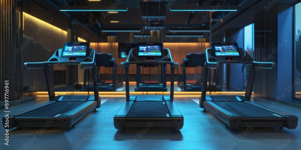 Three treadmills are lined up in a gym. The treadmills are black and ...