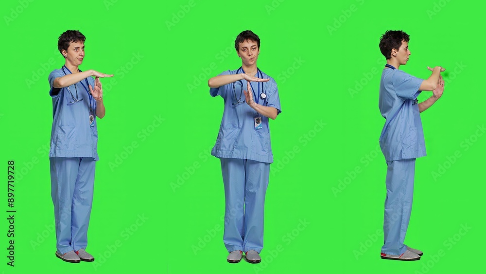 Medical assistant giving timeout symbol against greenscreen backdrop ...