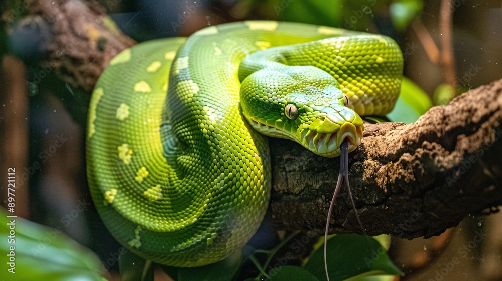 A slithering green tree python, its scales catching the light as it ...