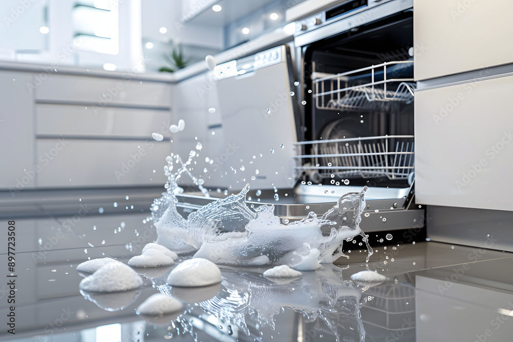 Broken dishwasher leaking in a white modern kitchen with a door open ...