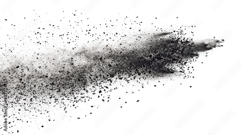 cloud of dark dust and debris explodes outwards on a white background ...