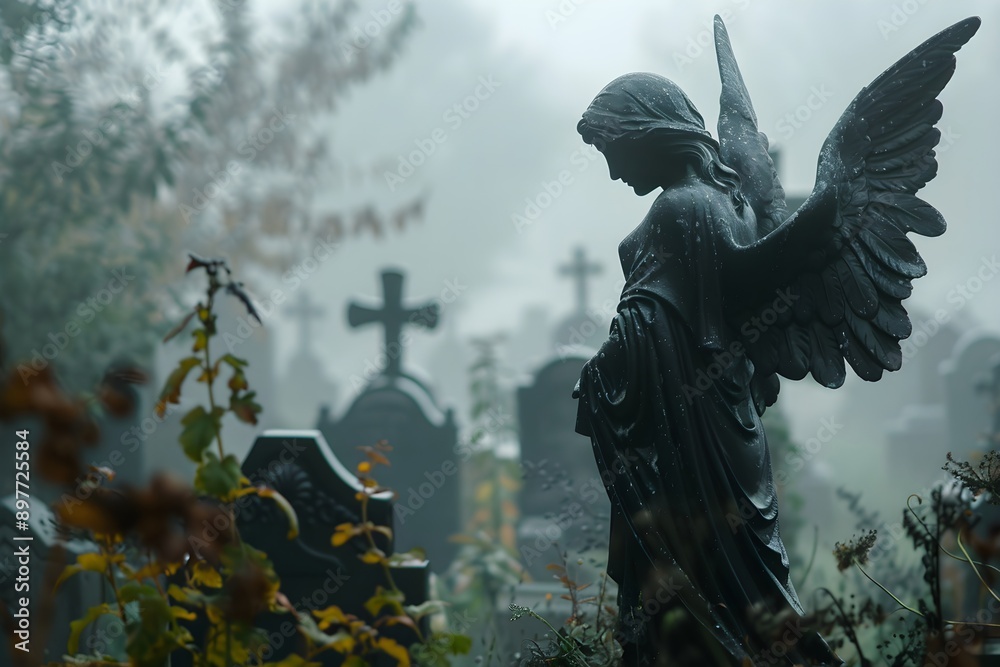 Stone statue in a cemetery surrounded. Sad grieving angel in graveyard ...