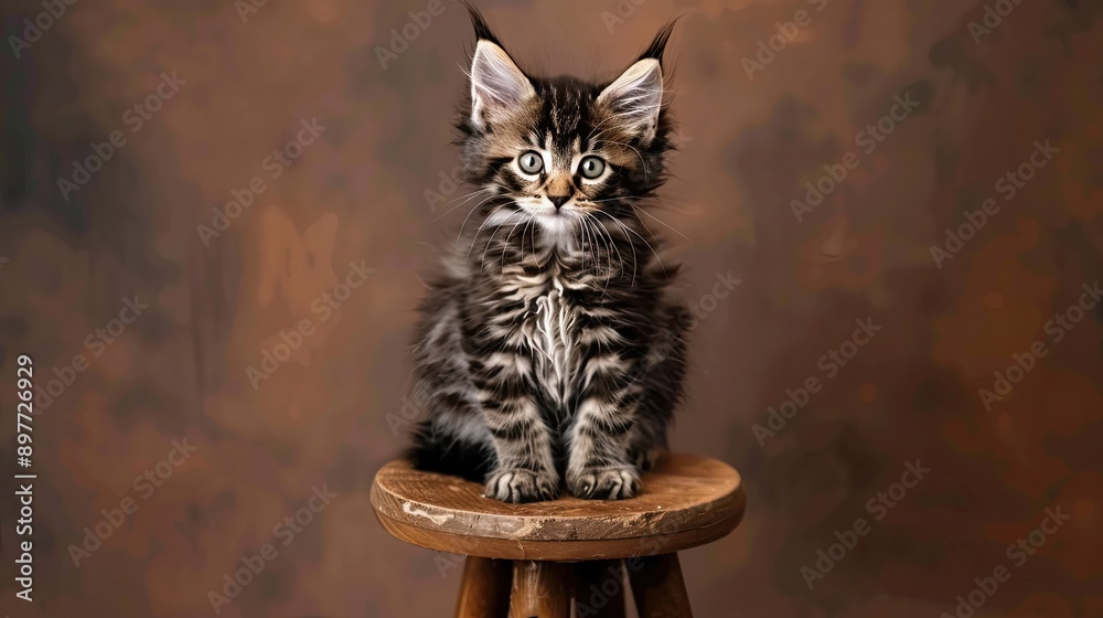 Black tabby blotched Maine Coon kitten sitting upright on a little ...