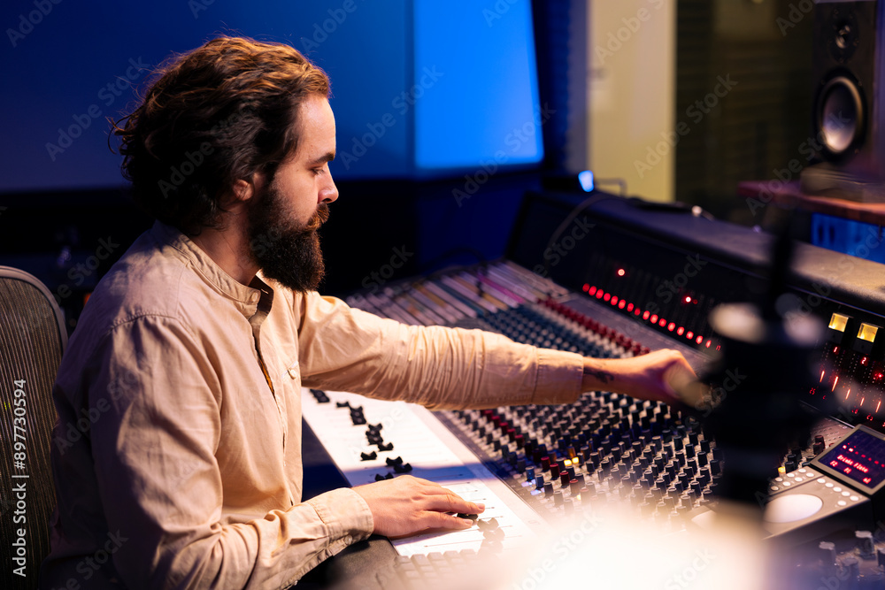 Music producer editing and mixing tunes in control room, working on a ...