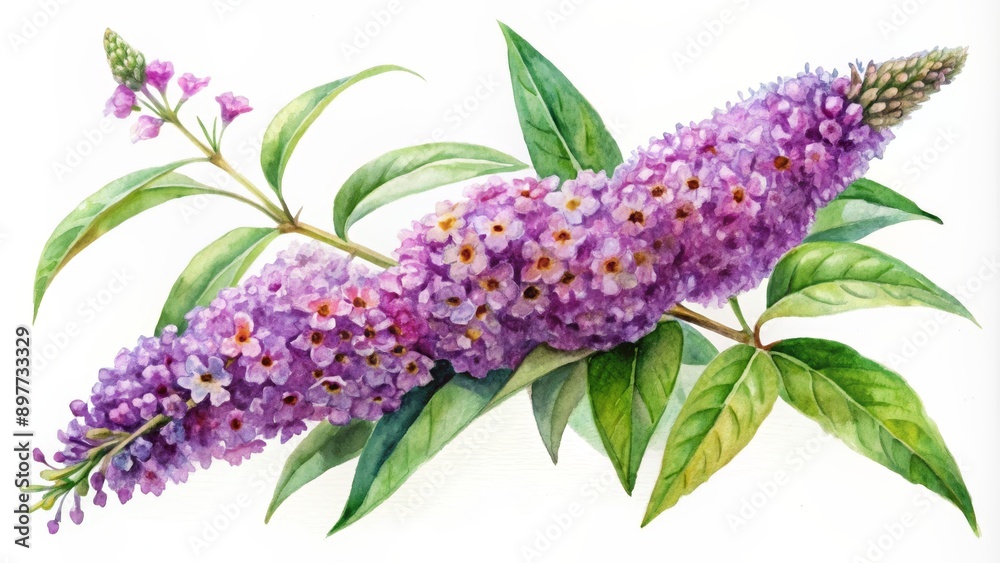 Watercolor Painting of Purple Buddleja Flowers with Green Leaves ...