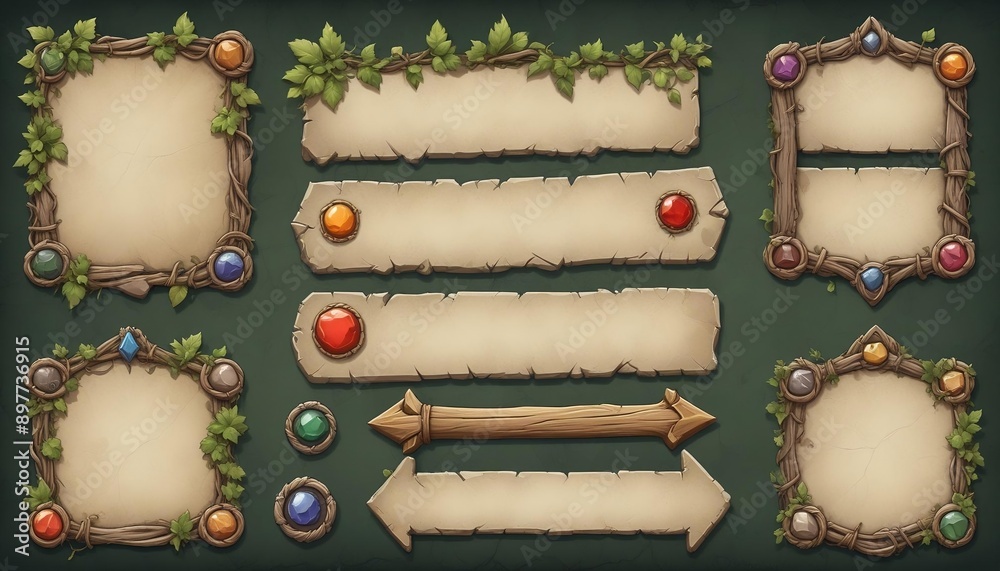 Stone game menu elements, including buttons, plaques, frames, and ...
