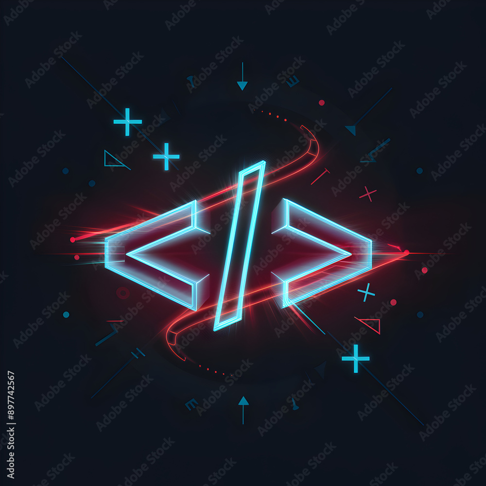Neon Code Burst: A vibrant, neon-lit code bracket symbol bursts with ...