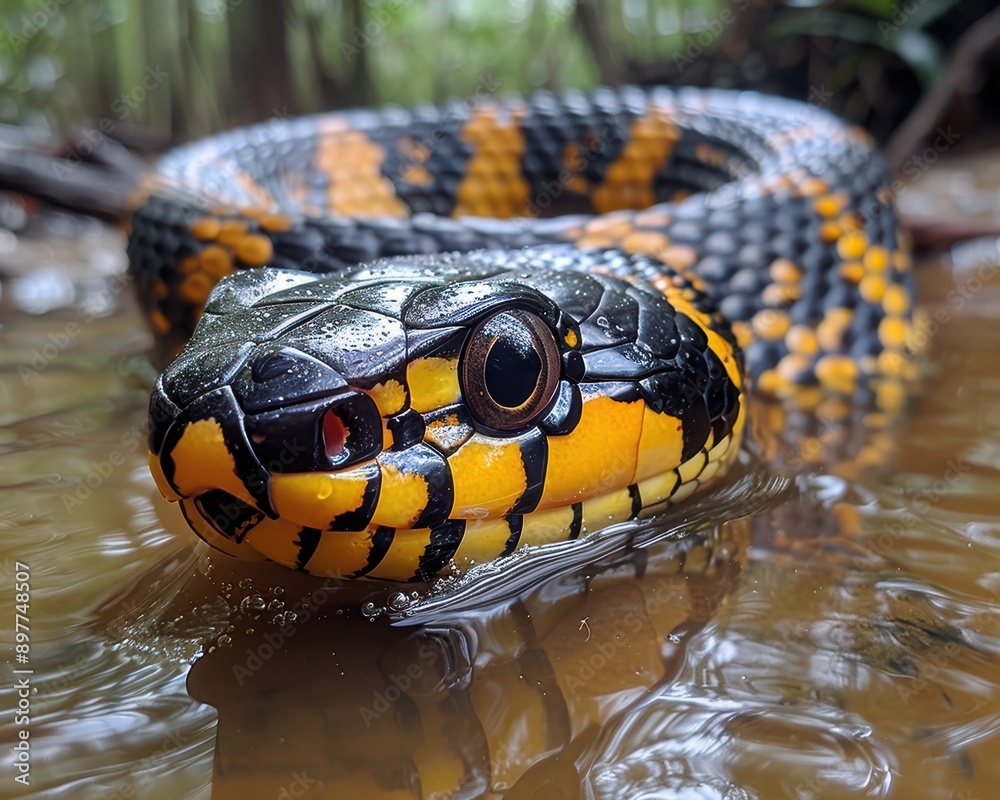 Basking Western Tiger Snake by the Coastal Stream - Exotic Reptile with ...