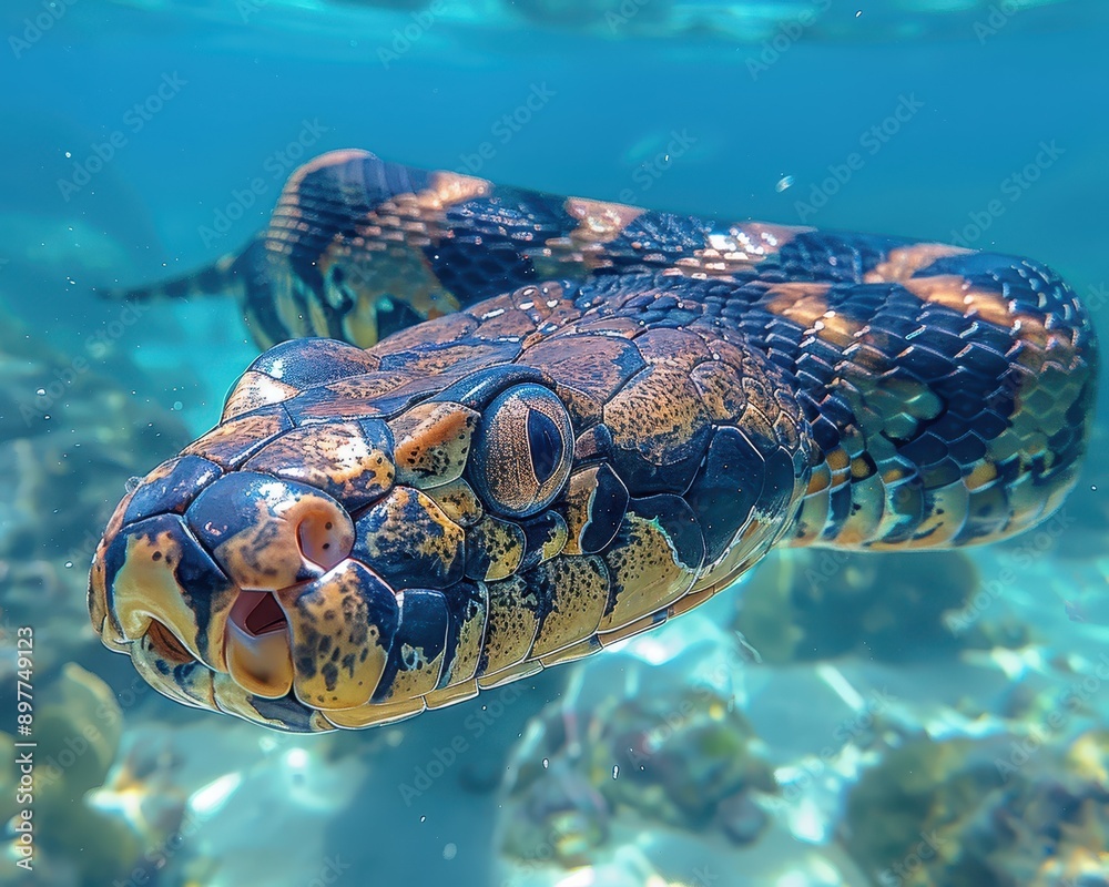 Graceful Venomous Sea Snake Gliding Through Clear Blue Waters - Marine ...