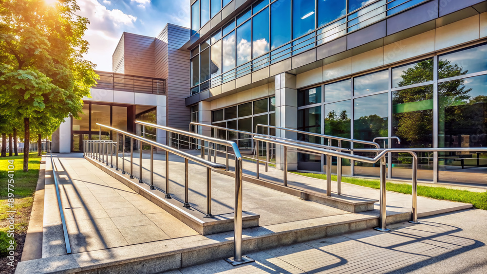 Accessible ramp at entrance of modern building with handrail and stairs ...