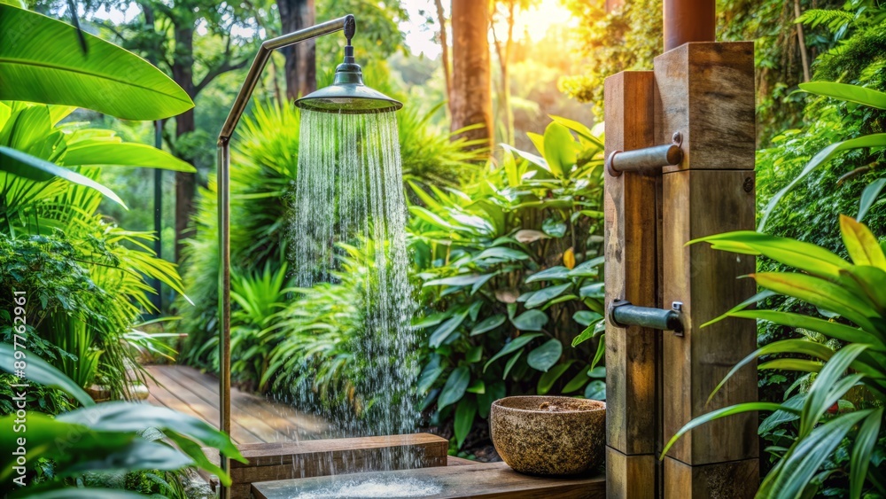 Refreshing outdoor shower setup amidst lush greenery, showcasing a ...