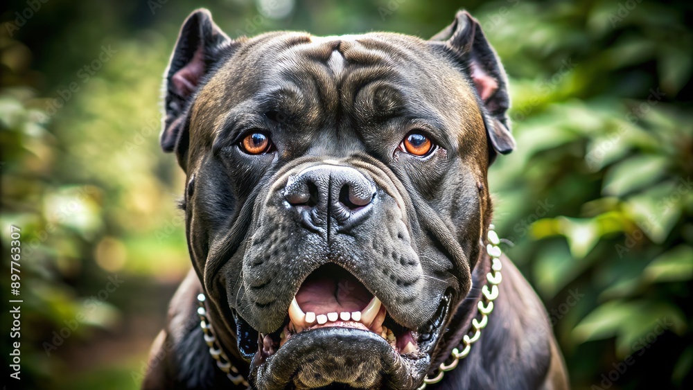Fearsome Cane Corso dog's intimidating closeup, baring sharp teeth ...