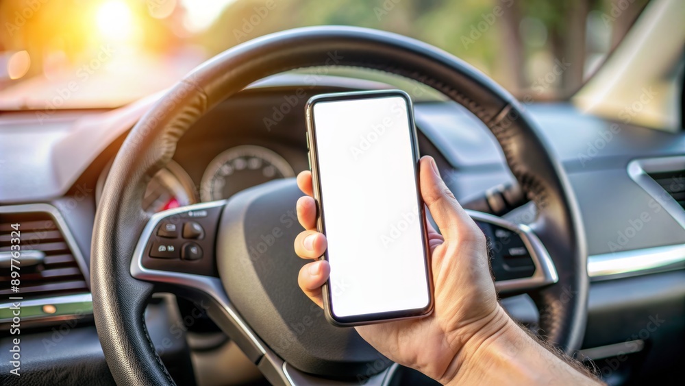 Smartphone blank screen mock up in driver's hand in front of the car ...